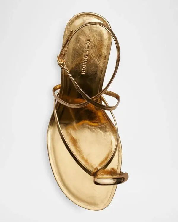Tory Burch 65mm Pierced Strappy Metallic Leather Toe-ring Sandals - Gold Leaf