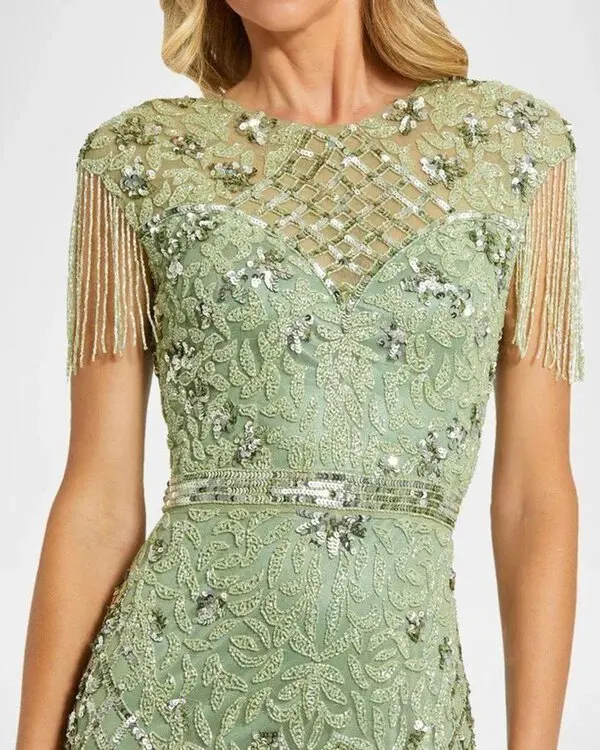 Mac Duggal Petite Embellished Fringe Column Gown
