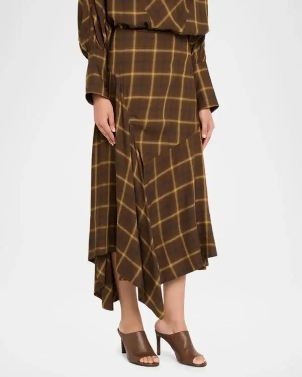 Co Plaid Asymmetric Slit Midi Skirt