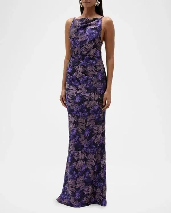 Amsale Cowl-neck Sleeveless Long Floral Gown