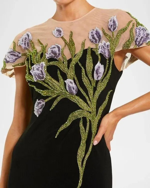 Mac Duggal Petite Floral-embroidered Illusion-neck Gown - Black Mult