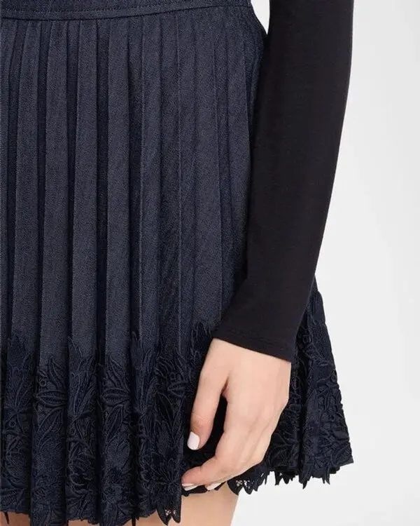 Cinq À Sept Laney Pleated Denim Lace Mini Skirt - Indigo/nav