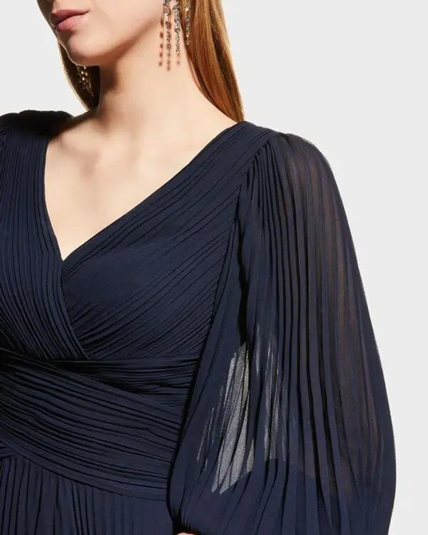Rickie Freeman For Teri Jon V-neck Puff-sleeve Pleated Chiffon Gown - Navy