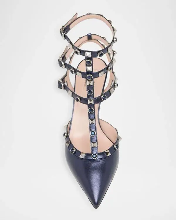 Valentino Garavani 65mm Rockstud Metallic Leather Ankle-strap Pumps - Navy