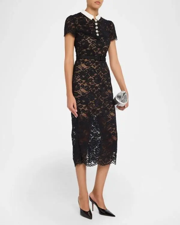 SELF-PORTRAIT Lace Contrast Collar Midi Dress