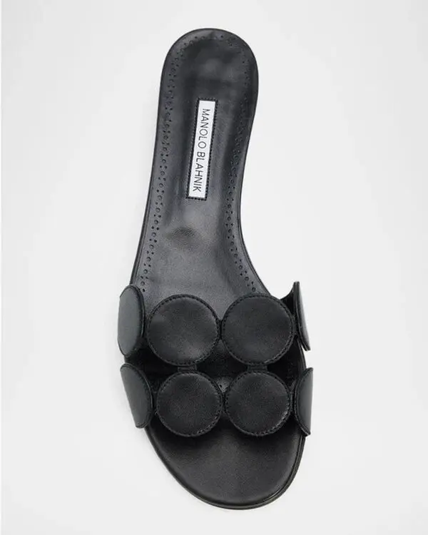 Manolo Blahnik Circle-cut Leather Flat Slide Sandals