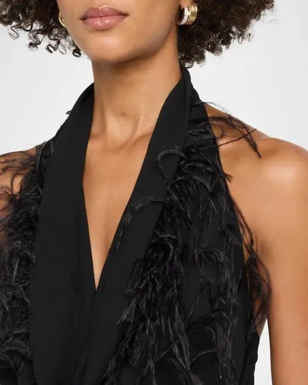 Lapointe Feather-trim Draped Georgette Halter Top