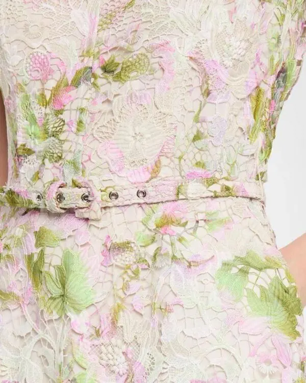 Monique Lhuillier Printed Tulip Lace Sleeveless Belted Midi Dress - Carnation