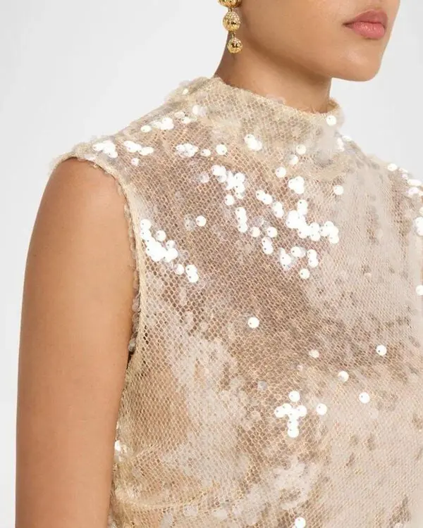 Lapointe Mock-neck Sequined Mesh Asymmetric Top