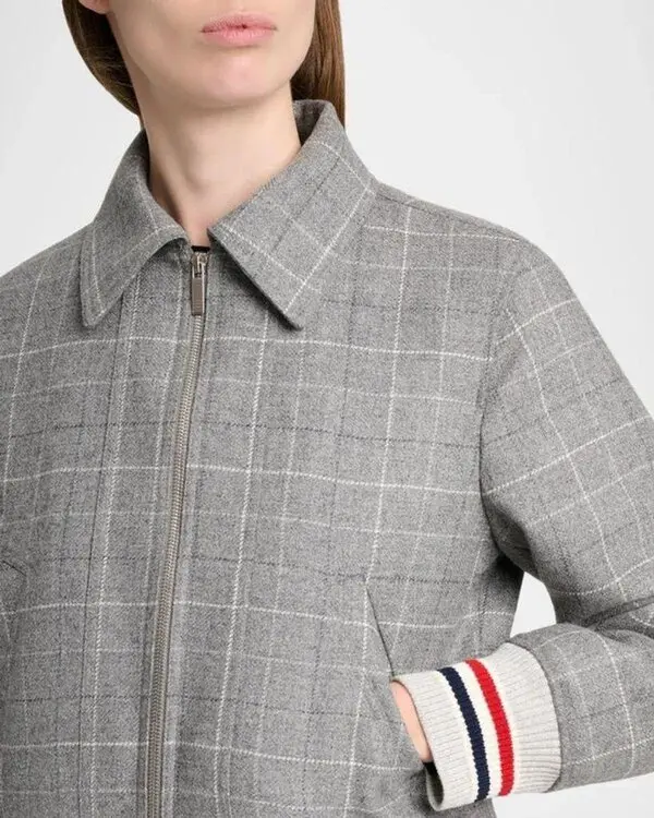 Thom Browne Windowpane Check Wool Zip Jacket With Stripe Trim - Medium Grey