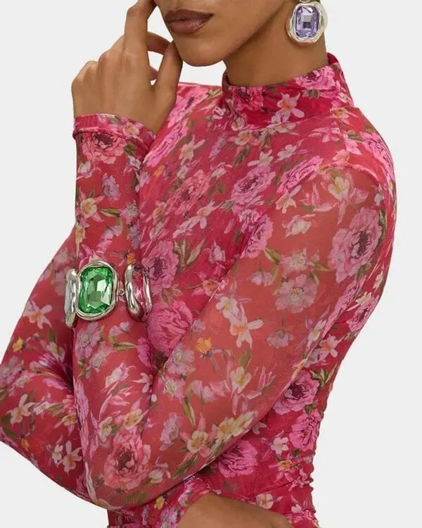 PatBO Peony Floral Mesh Bodysuit - Red