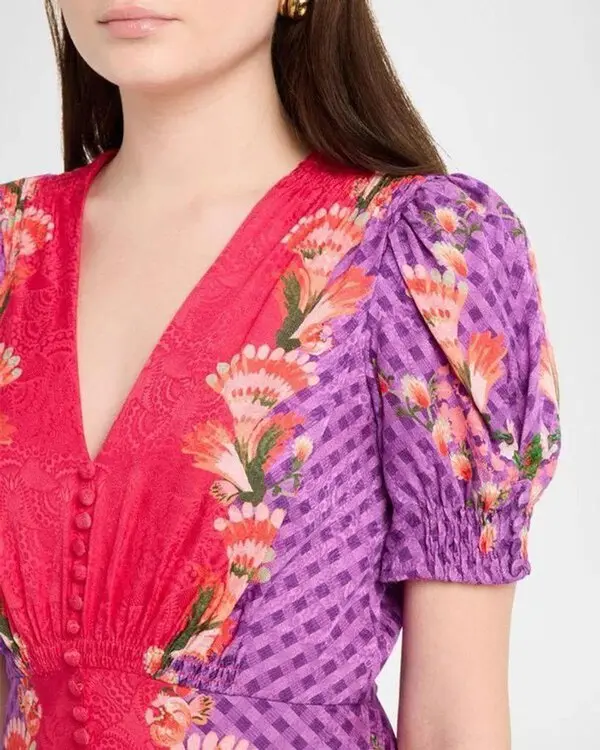 Saloni Lea Printed Long Dress - Feather Raspberry