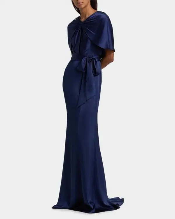 Badgley Mischka Hammered Satin Cape Sleeve Gown