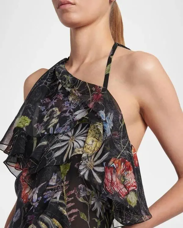 Alexander McQueen Asymmetric-ruffle Floral Silk Halter Top