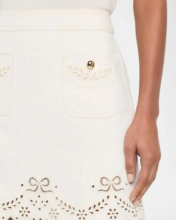 SELF-PORTRAIT Broderie Denim Mini Skirt - Ecru