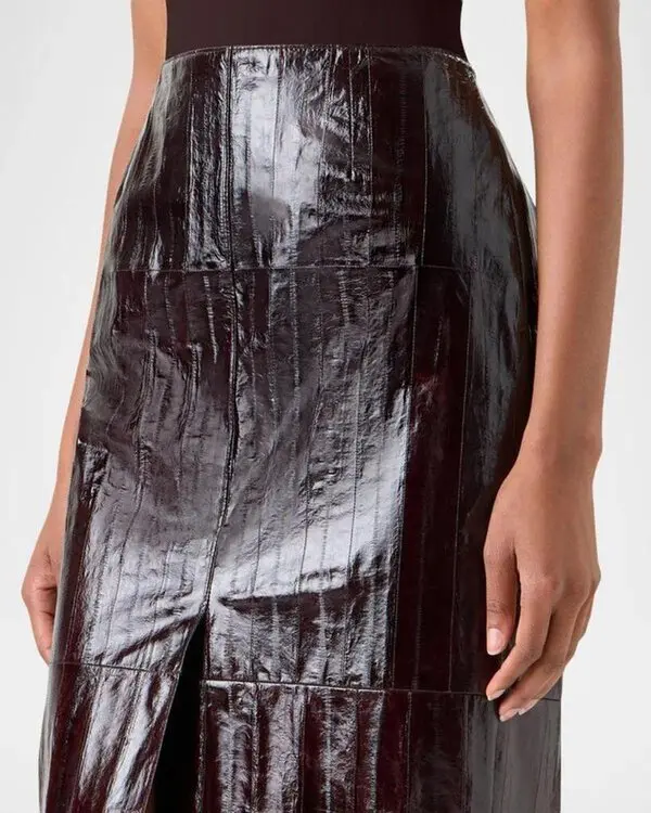 Akris Lacquered Eel Leather Slit Midi Pencil Skirt - Coffee