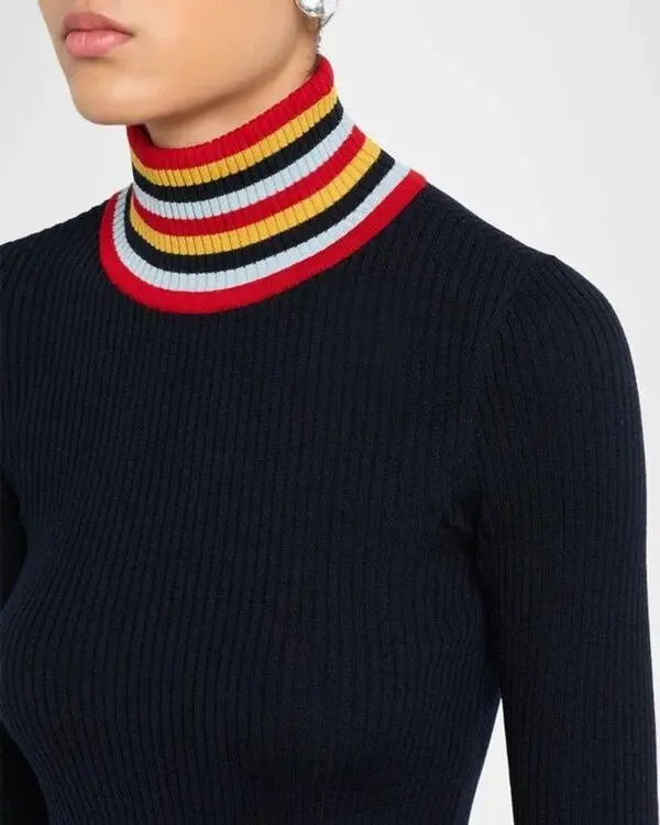 Akris Stripe Mock Turtleneck Wool Sweater - Navy-multi