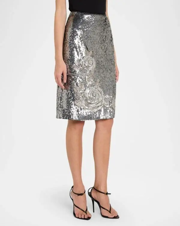 UNGARO Rachel Sequin Floral Straight Mini Skirt