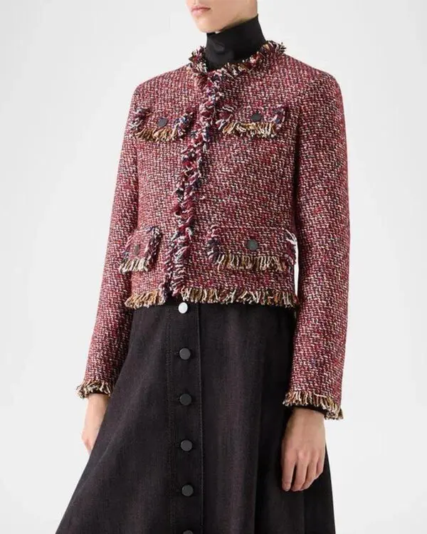 Akris Fringed Tweed Open Short Jacket