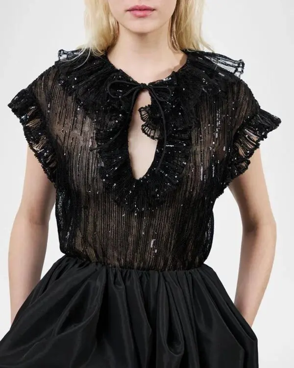 AKNVAS Este Sequined Ruffle Tulle Top