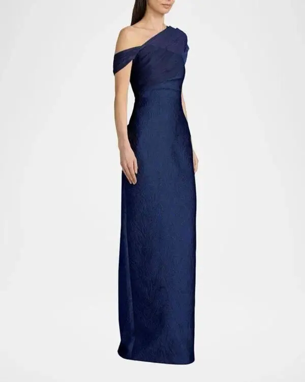 Theia Zara One-shoulder Metallic Jacquard Column Gown - Navy