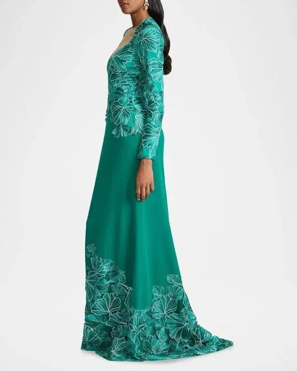 Tadashi Shoji Petal Applique Crepe Gown