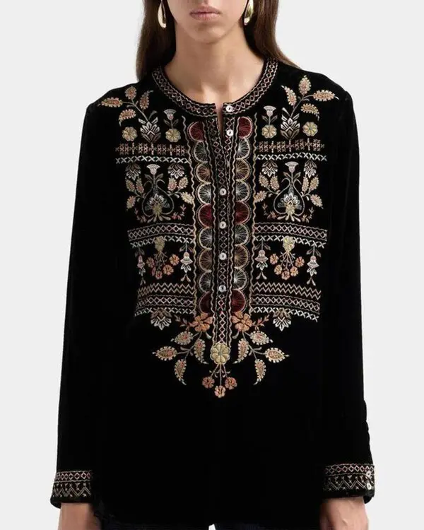 Johnny Was Floral-embroidered Velvet Henley Tunic