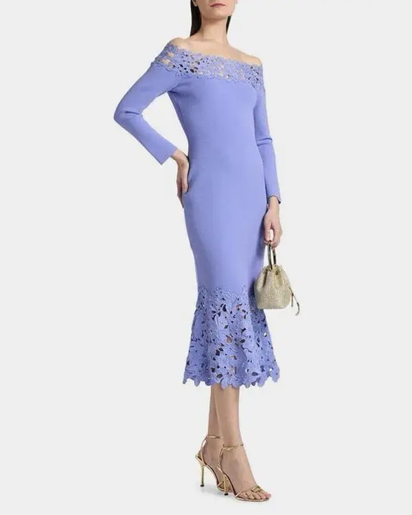 Theia Sia Off-shoulder Lace & Knit Midi Dress