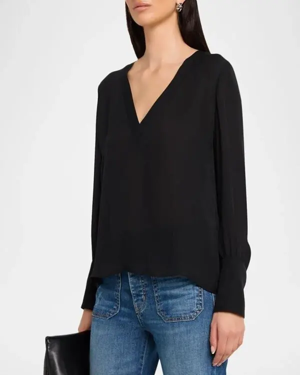 NILI LOTAN Mariposa Silk Georgette V-neck Blouse - Black