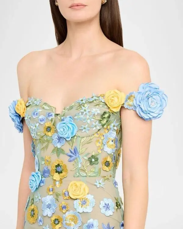 BRONX BANCO Jasmine Off-shoulder Floral Applique Gown