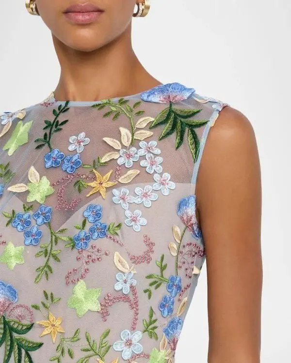 BRONX BANCO Saba Beaded Floral Applique Midi Dress - Blue Multi