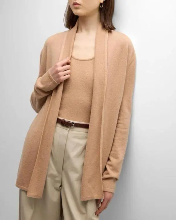 Neiman Marcus Cashmere Basic Open Cardigan - Camel