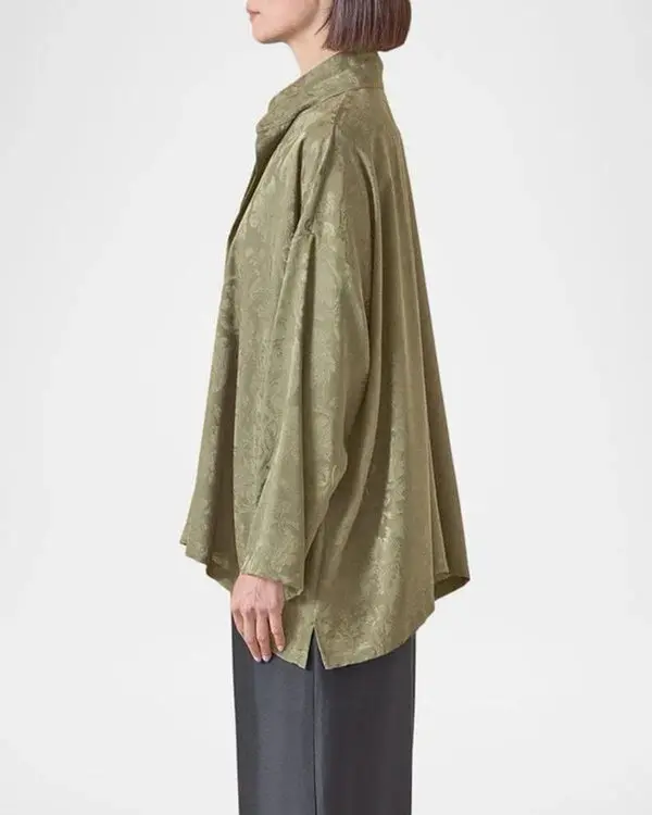 Eskandar Silk Jacquard Wide A-line Double Stand Collar Shirt