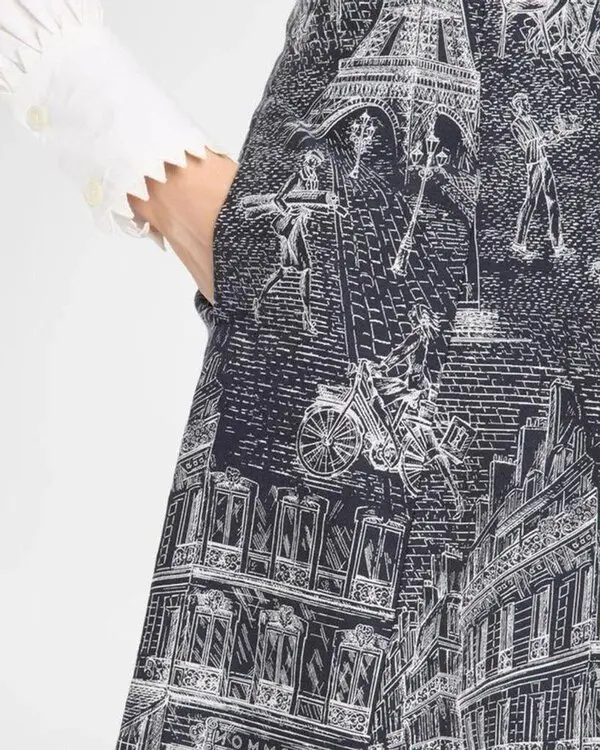 MAISON COMMON Scribble Cotton Jacquard Pleated Midi Skirt - Navy