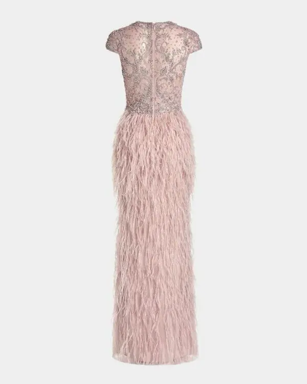 Mac Duggal Beaded Feather-trim Column Gown