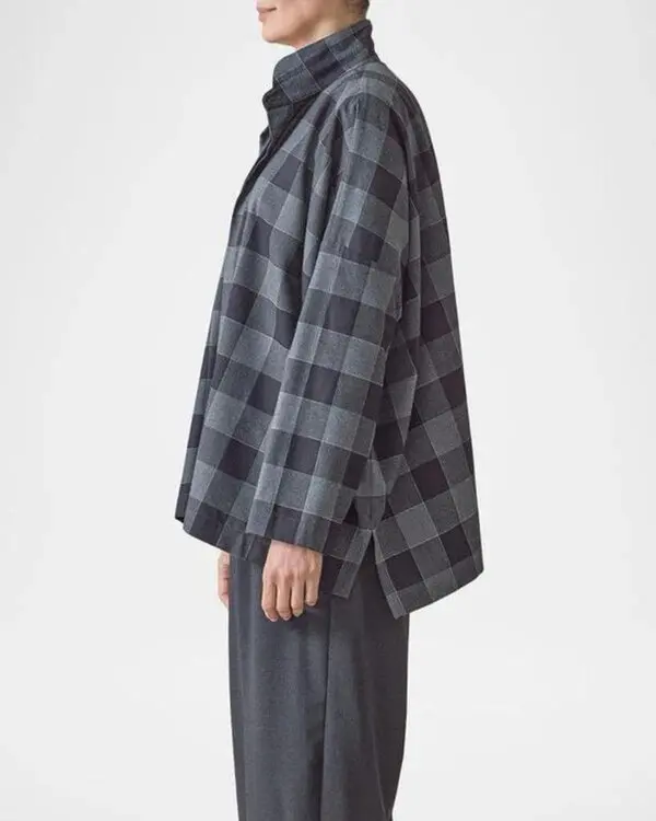 Eskandar Plaid Cotton Wide Longer Back Shirt Jacket