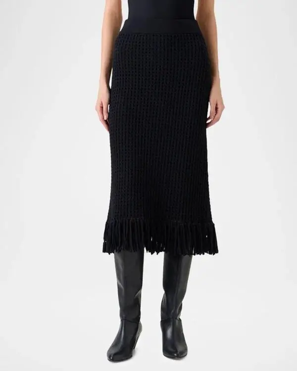Akris Chunky Cotton Mesh Knit Fringed Midi Tube Skirt - Black