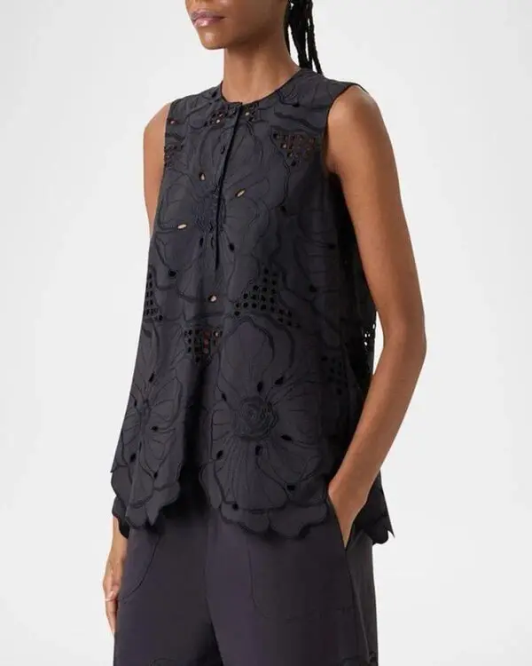 Akris Flower Eyelet Embroidered Cotton Poplin Tunic Blouse