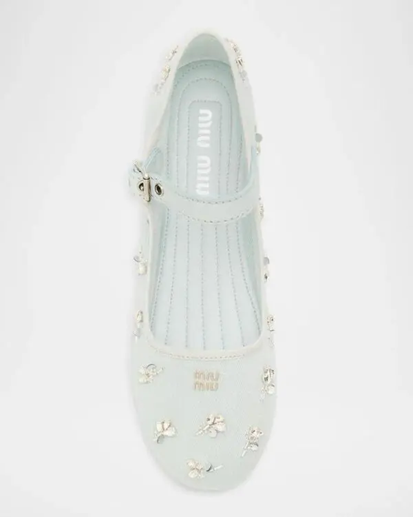 Miu Miu Embellished Canvas Mary Jane Ballerina Flats - Blue
