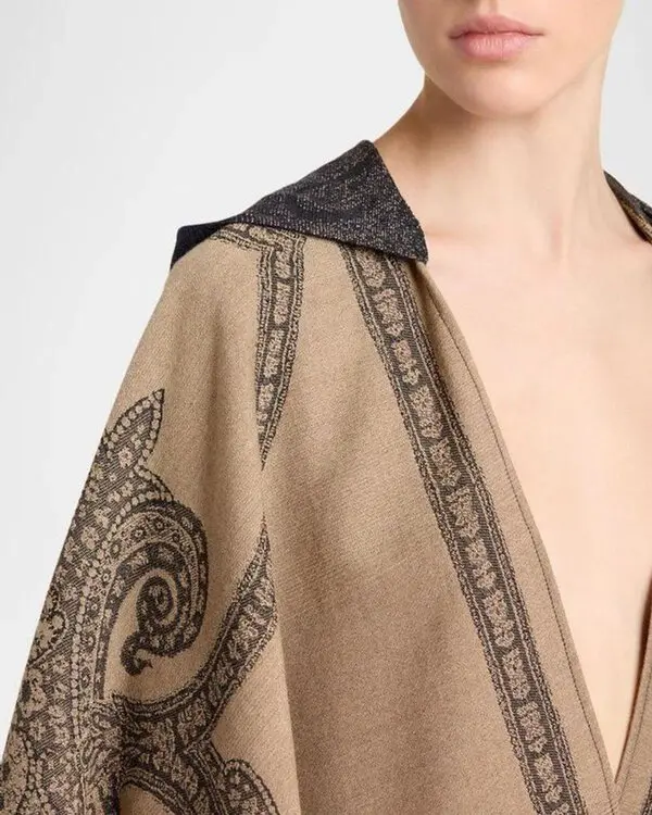Etro Degrade Paisley Wool Jacquard Fringe Hooded Cape