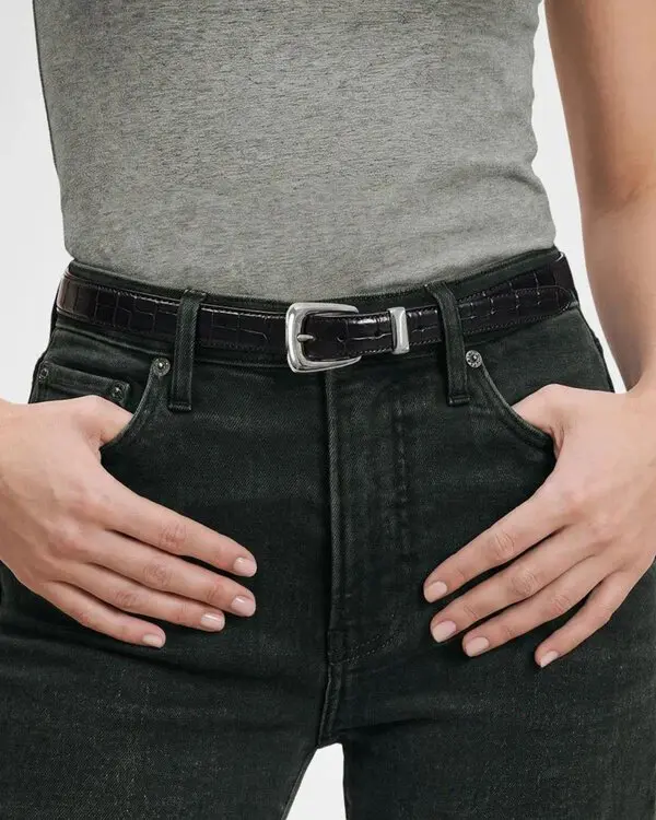 Veronica Beard Arch Slim Croc-embossed Leather Belt - Black