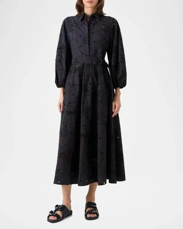 Akris Flower Eyelet Embroidered Cotton Belted Balloon-sleeve Midi Shirtdress - Black