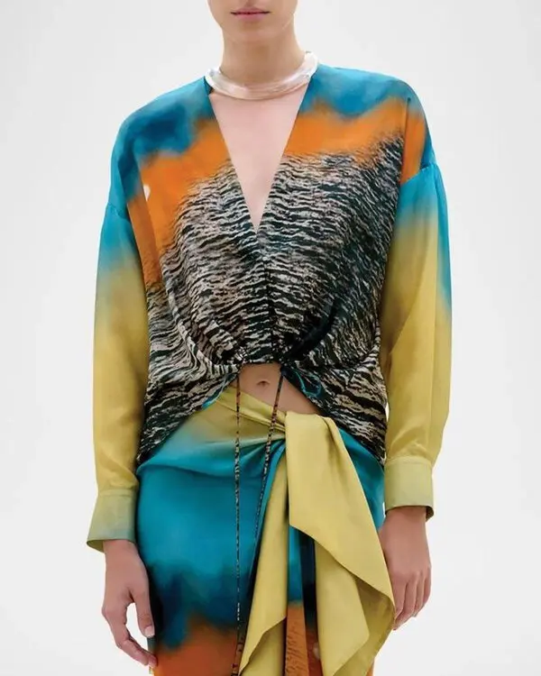 Silvia Tcherassi Merida Drawstring High-low Satin Blouse - Sunset