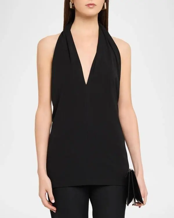 TOTEME Plunging Twisted Jersey Halter Top - Black
