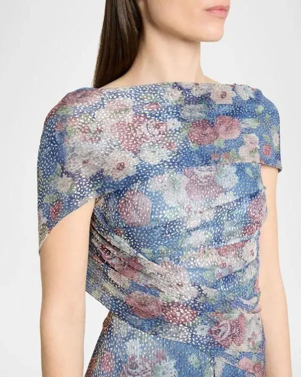 Talbot Runhof Metallic Floral Voile Draped Cap-sleeve Evening Gown
