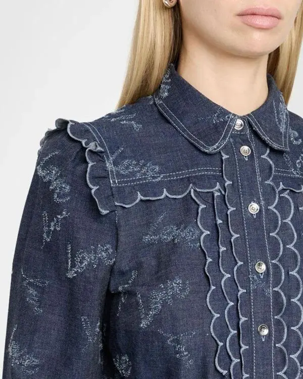 MAISON COMMON Belted Embroidered Chambray Midi Shirtdress - Medium Blu