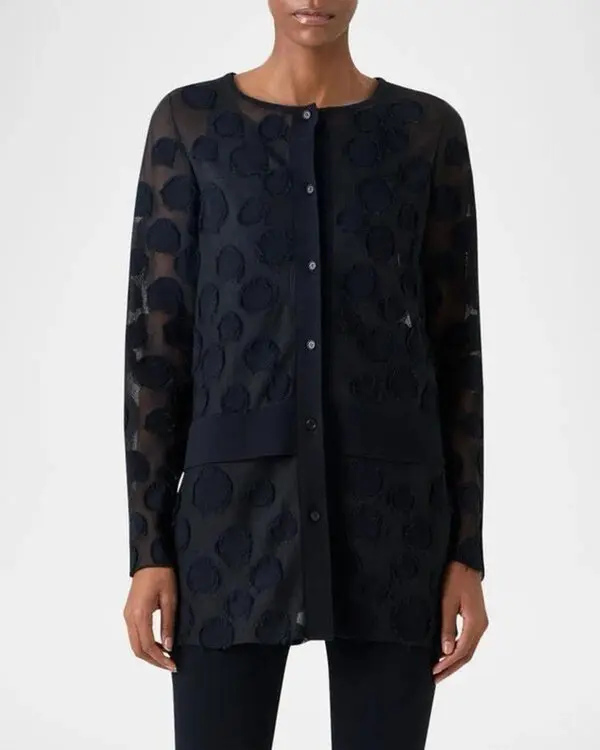 Akris Polka-dot Tulle Knit Crewneck Cardigan