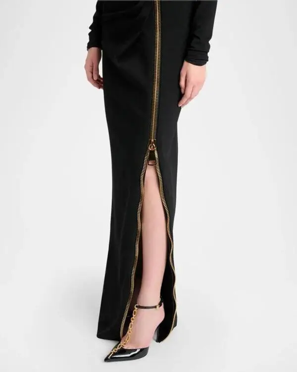 Balmain Compact Knit Zip Slit Maxi Dress - Noir
