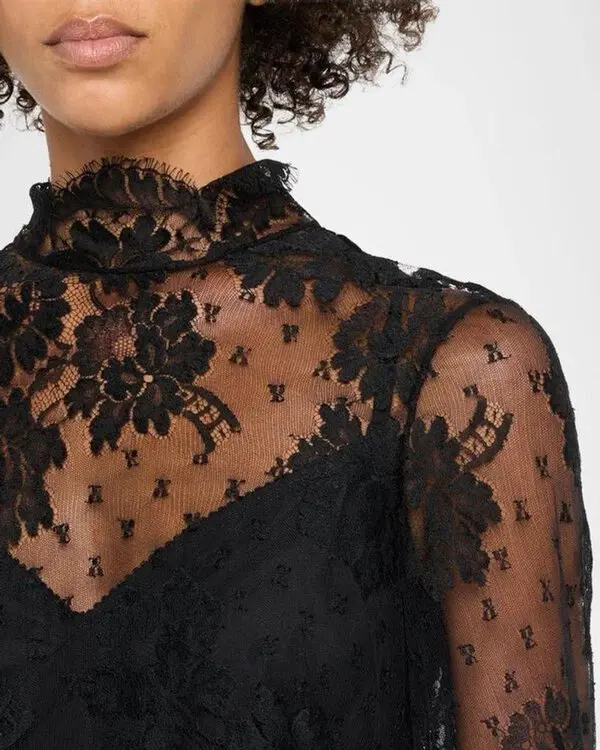 Dolce & Gabbana Mock-neck Sheer Lace Long-sleeve Mini Dress - Nero