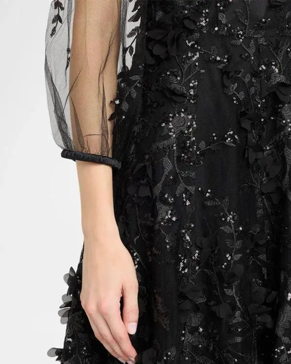 MAISON COMMON Floral Embroidered Tulle Illusion Midi Dress